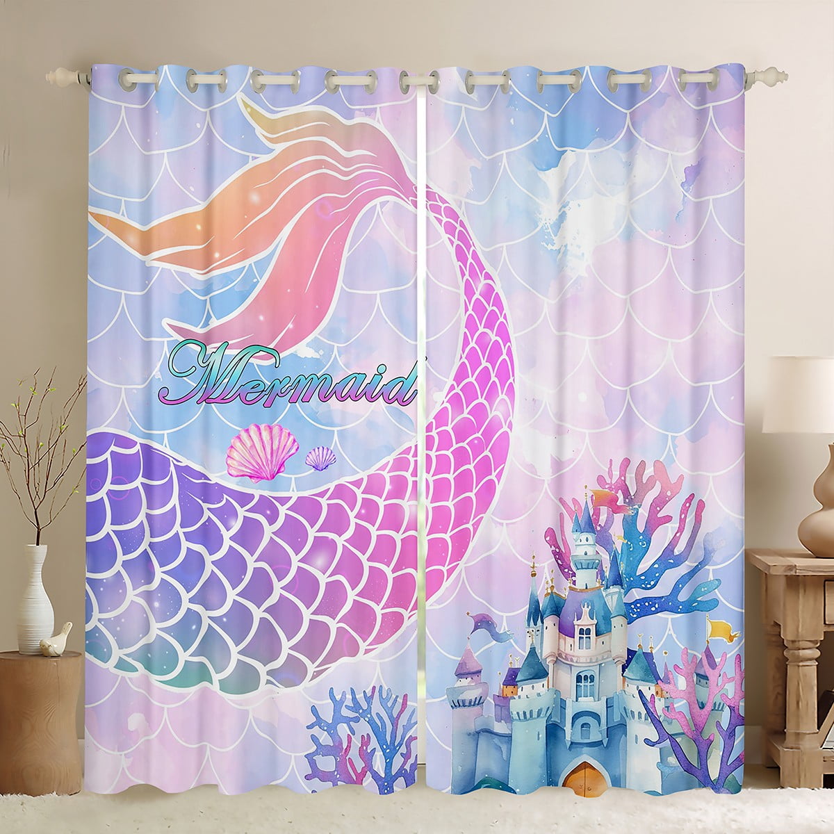 Erosebridal Mermaid Curtains and Drapes (38Wx54L),Castle Seashell 30% ...