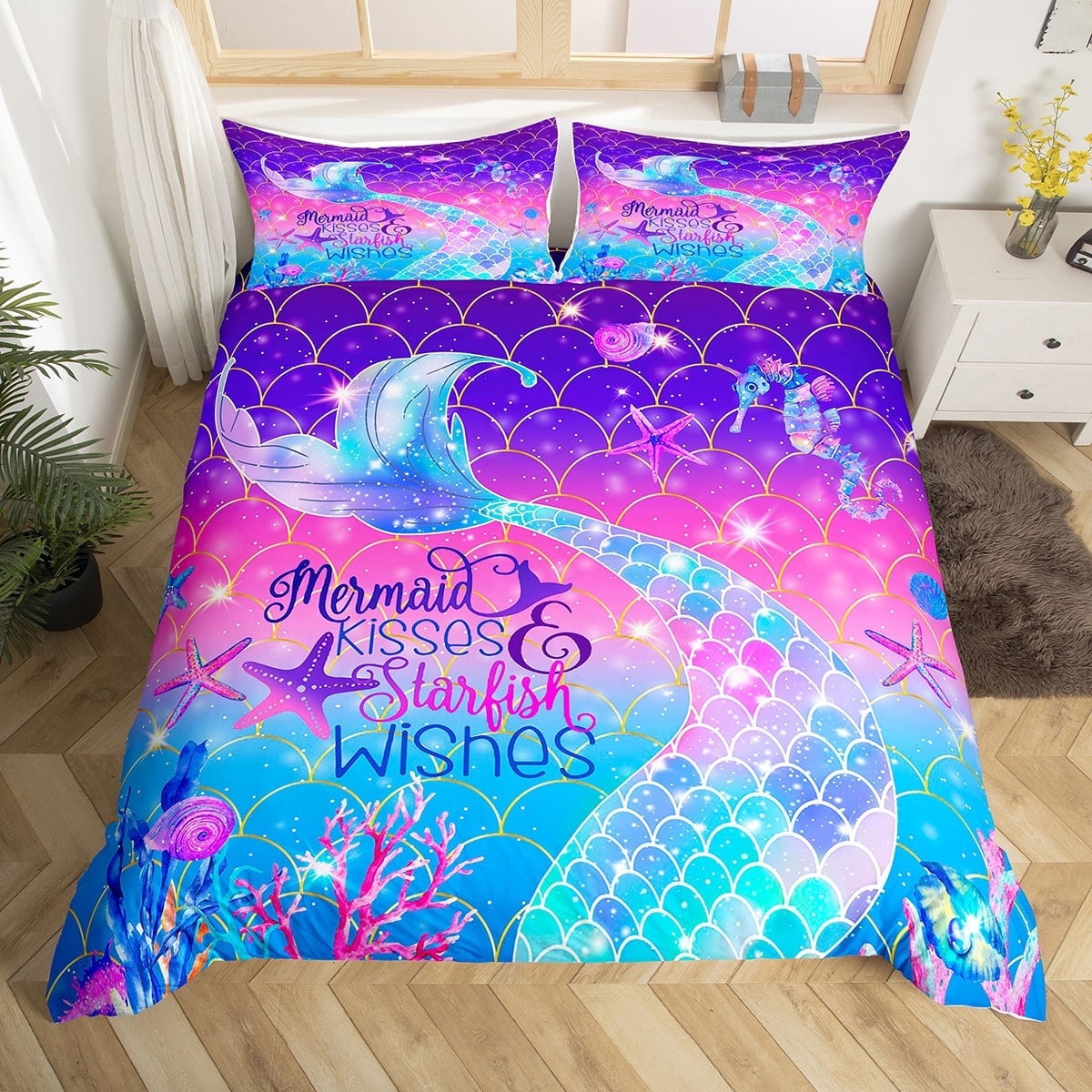 YST Mermaid Twin Duvet Cover, Rainbow Fish Scales, 1 Pillowcase, Kids ...