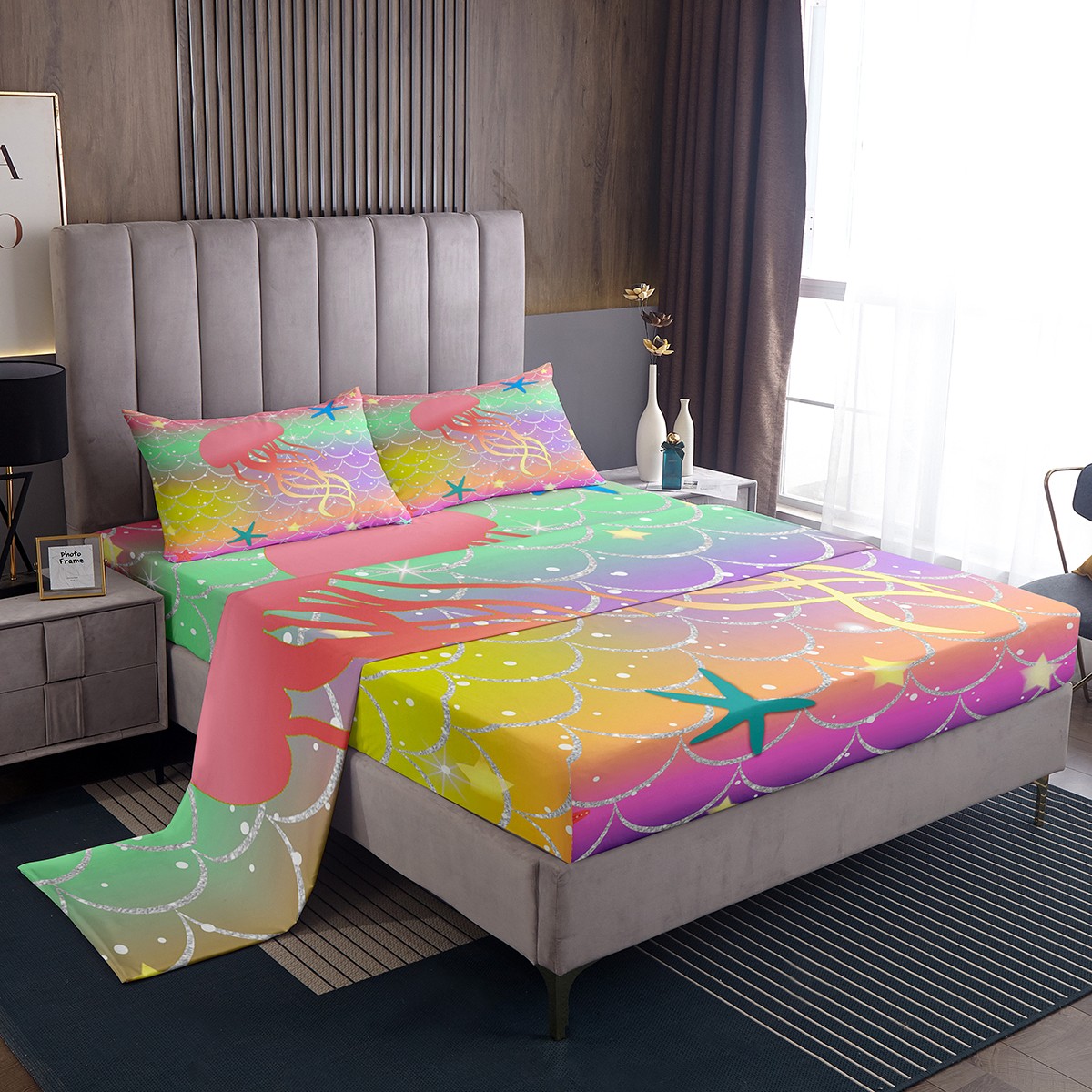 Erosebridal Mermaid Fish Scales Sheets,Jellyfish Printed Sheet Set for ...