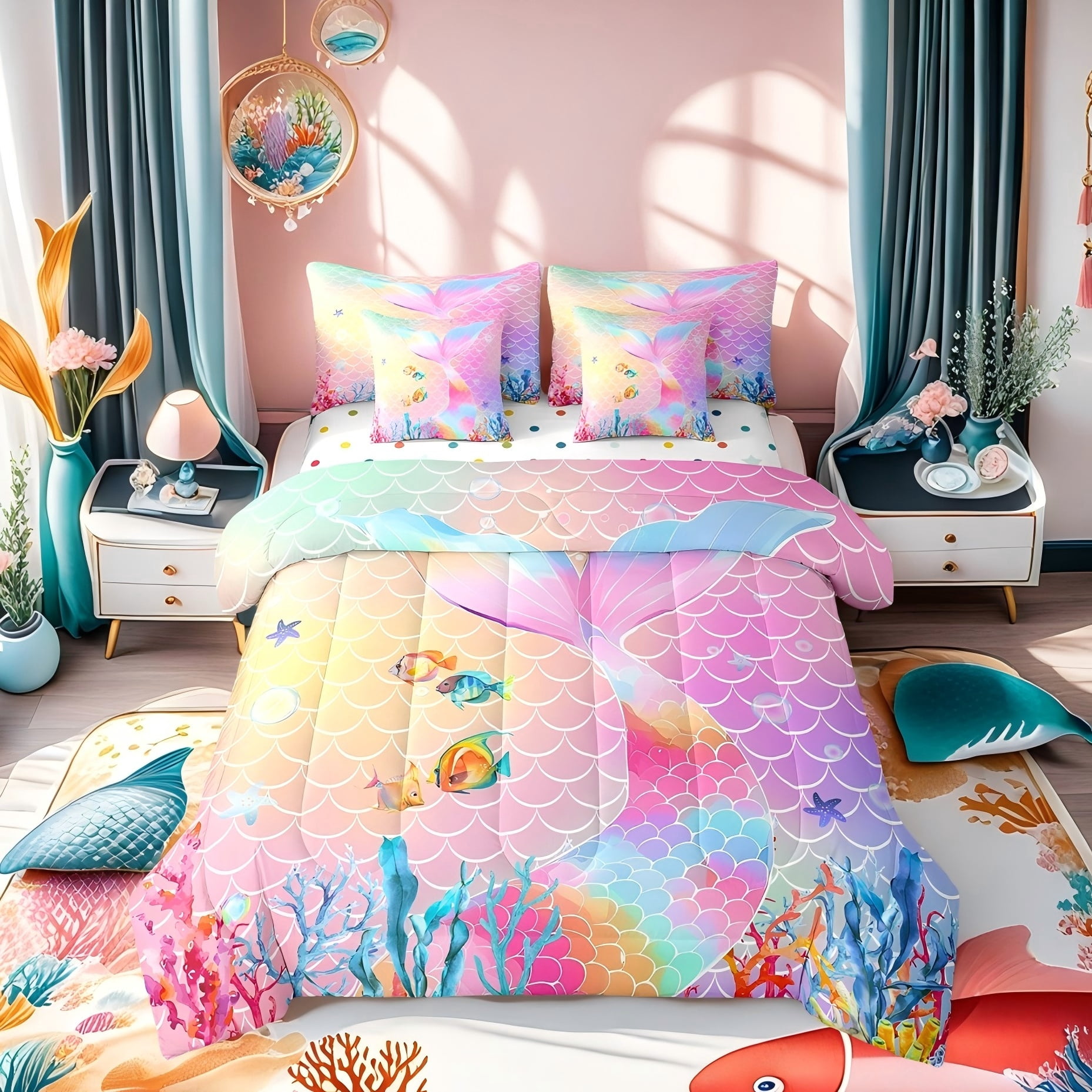 Erosebridal Mermaid Princess Bed in a Bag Full size, Watercolor Ocean ...
