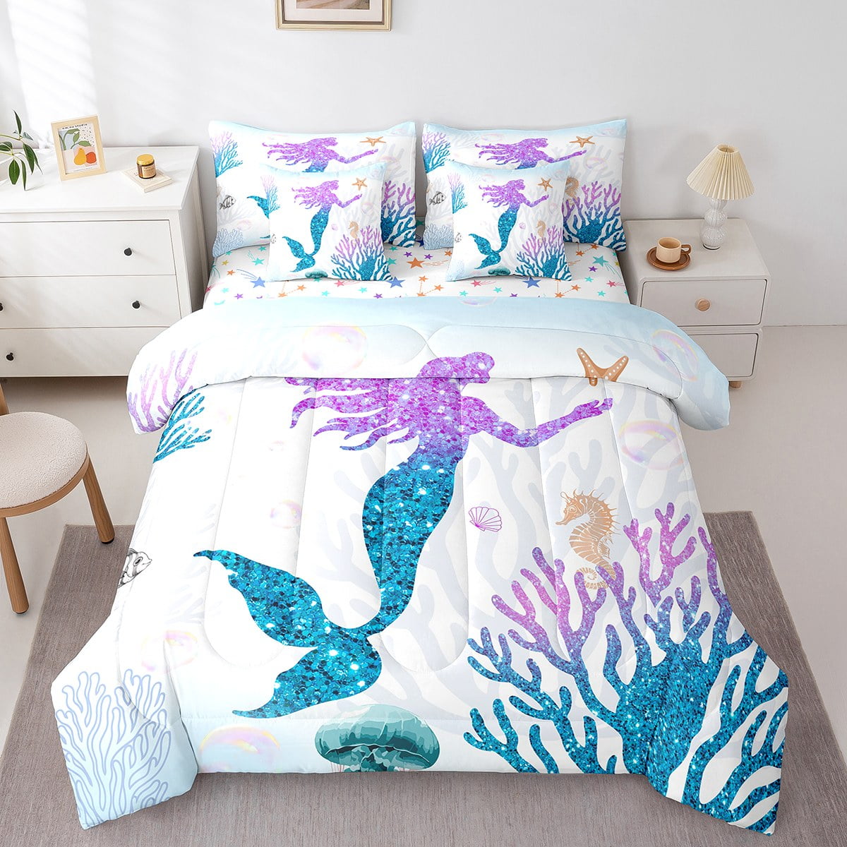 Erosebridal Mermaid Princess Bedding King Size, Cute Sealife Bed in a ...