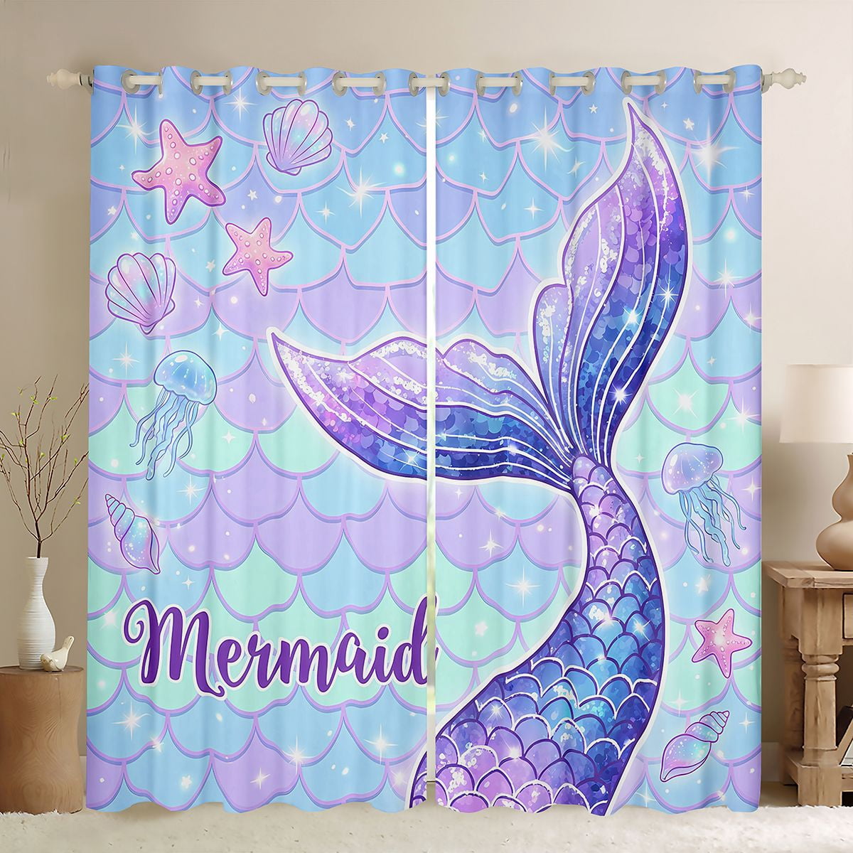 Erosebridal Mermaid Princess Kids Curtains Pack of 2 (42x84 Each ...