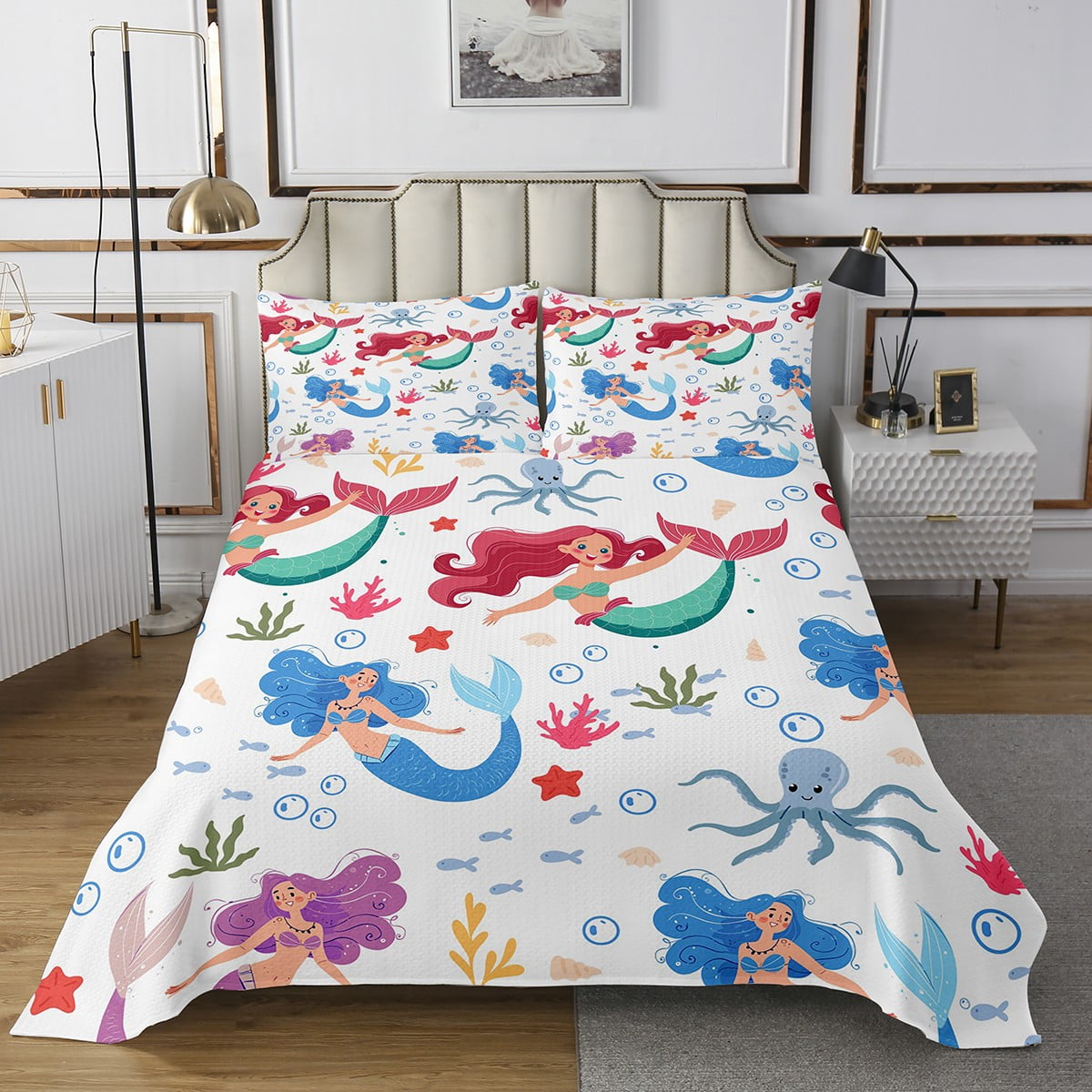 Erosebridal Mermaid Quilt Set Queen,Girly Mermaid Fish Coverlet Set ...