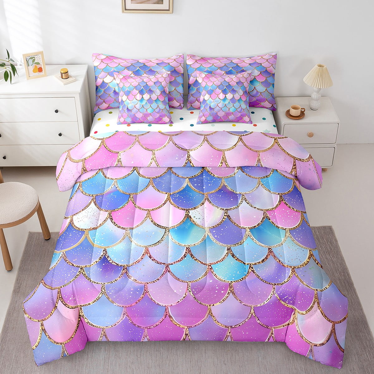 Erosebridal Mermaid Scale Bedding Queen Size, Dreamy Princess Bed in a ...