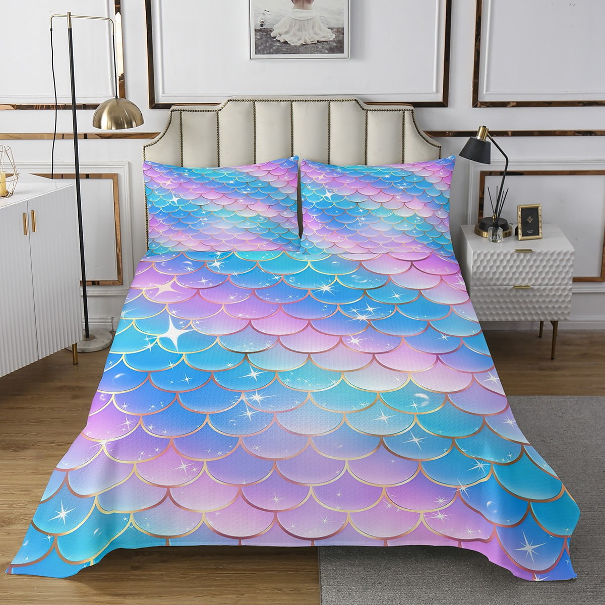 Erosebridal Mermaid Scale Bedspread Set - Mermaid Quilt Set Ocean ...
