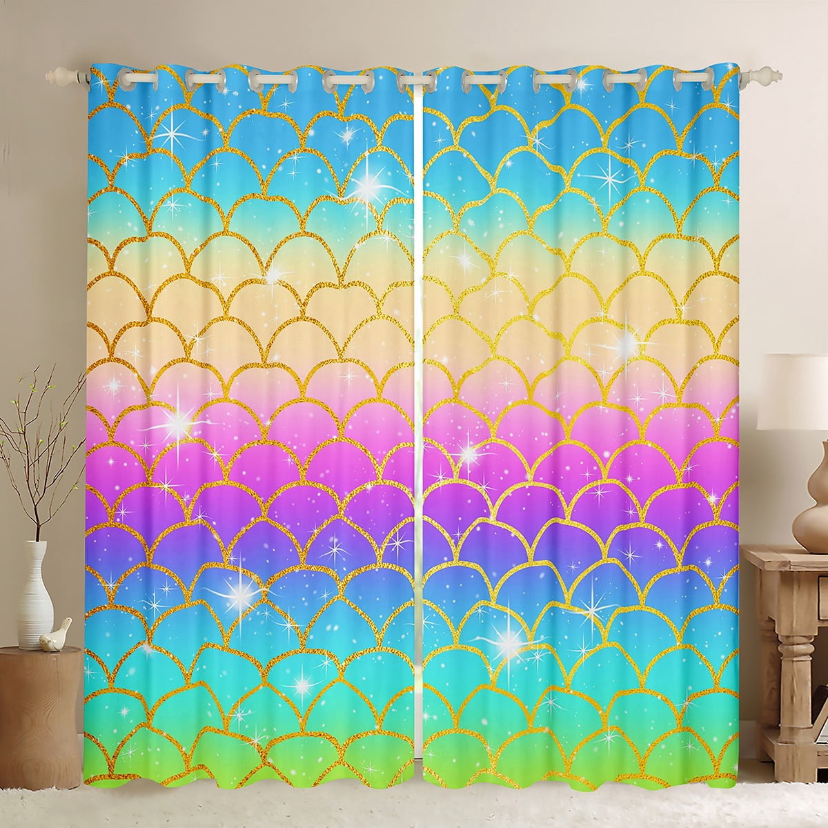 Erosebridal Mermaid Scale Curtains and Drapes (42x84), Rainbow 30%-50% ...