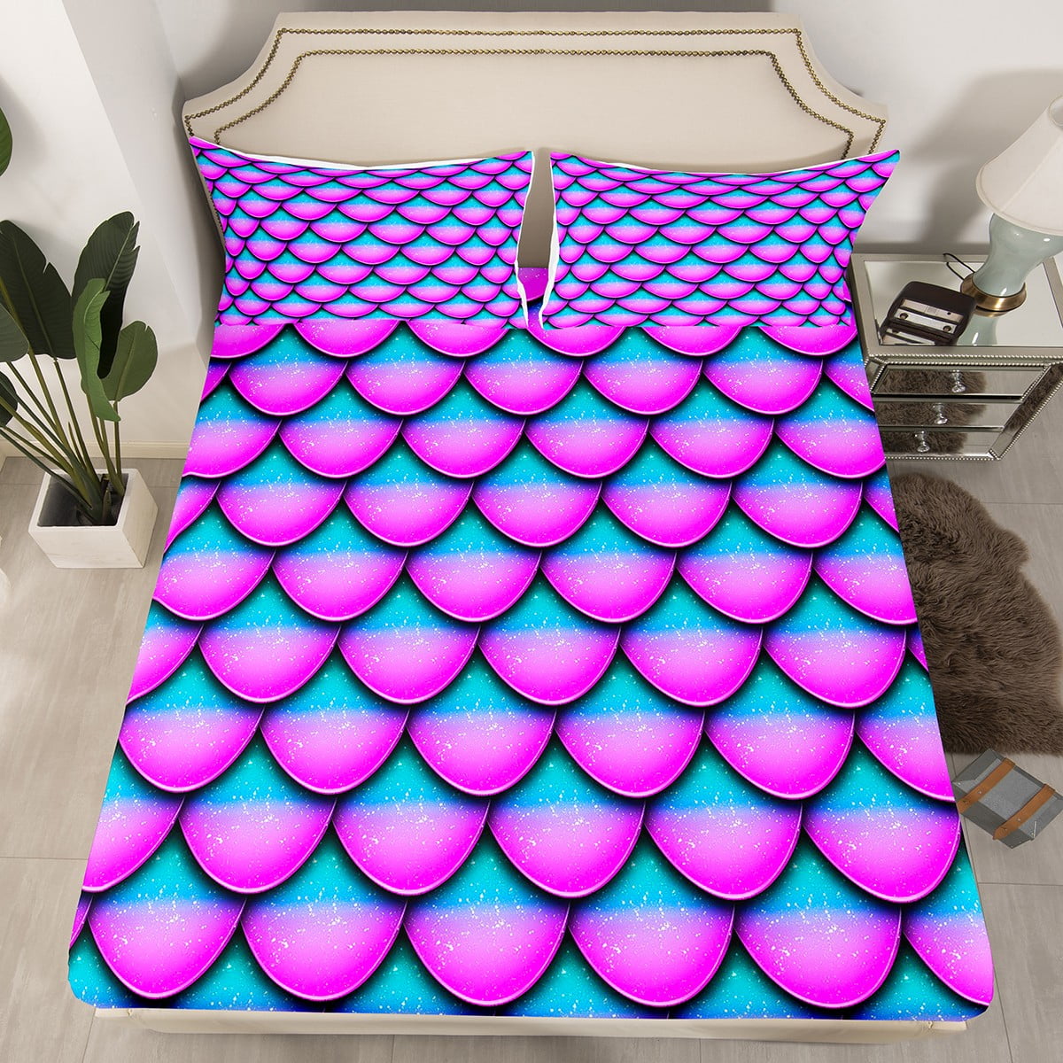 Erosebridal Mermaid Scale Fitted Sheet Set Full, Marine Princess Fitted ...