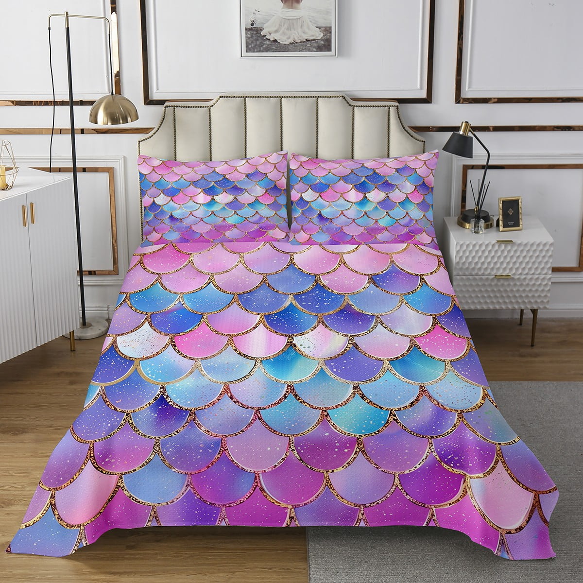 Erosebridal Mermaid Scale Quilt Sets for Queen Size Bed, Dreamy ...