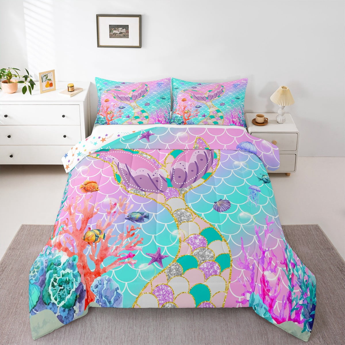 Erosebridal Mermaid Tail Comforter Set, Fish Scales Down Comforter Twin ...