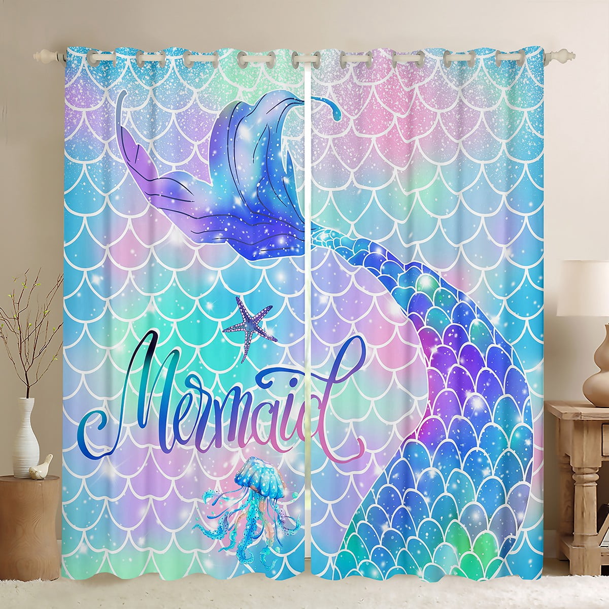 Erosebridal Mermaid Tail Glitter Curtains Rainbow Mermaid Scale ...