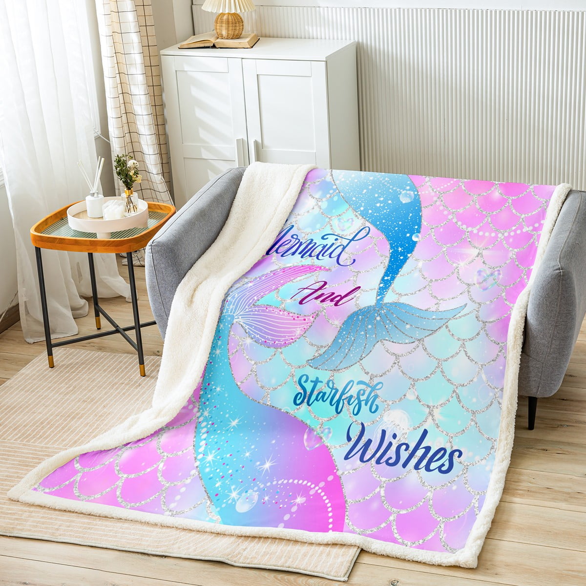 Erosebridal Mermaid Tail Throw Blanket,Blue Pink Rainbow Mermaid Fish ...