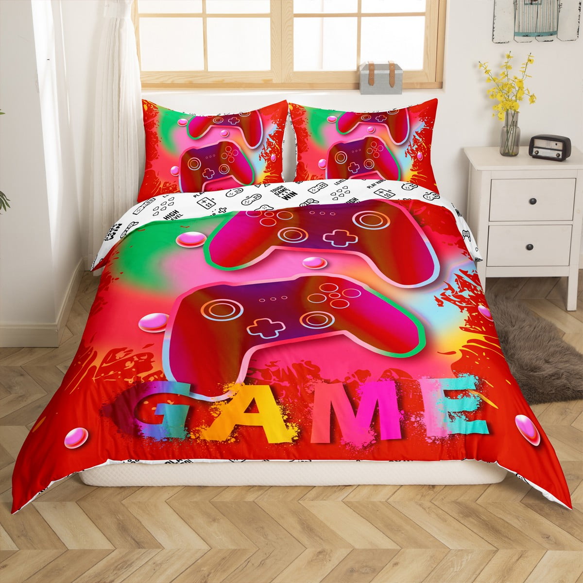 Erosebridal Modern Gaming Duvet Cover Queen, Red Gamepad Bedding Sets ...