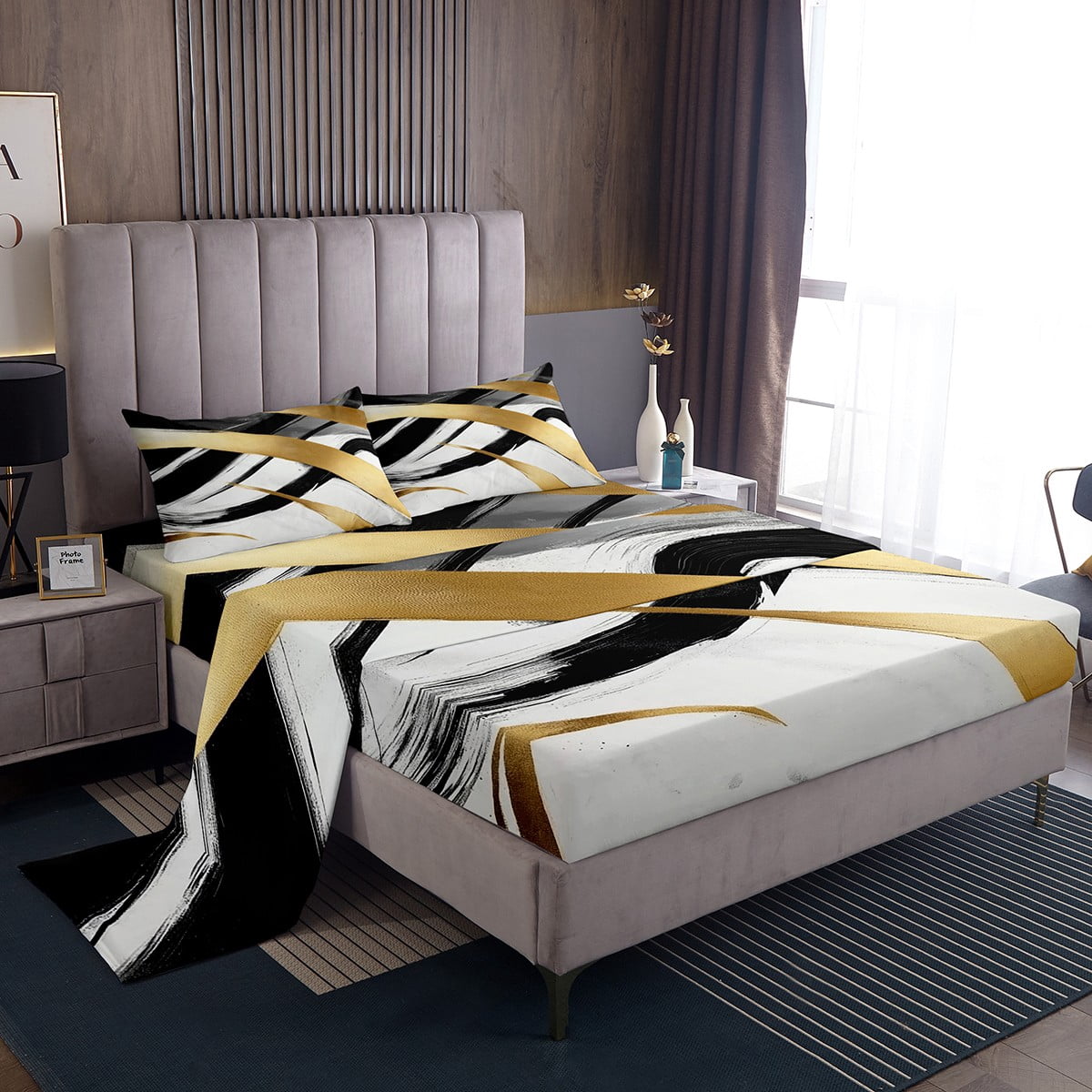 Erosebridal Modern Minimalst Bed Sheets Set Queen Size, Black Gold Bed ...