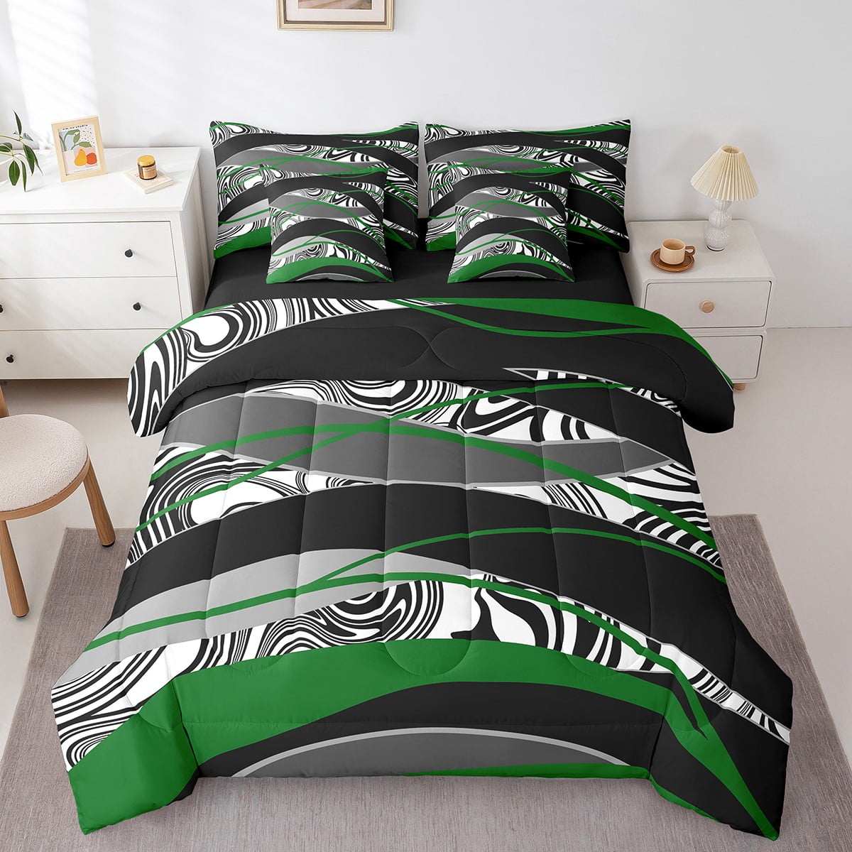 Erosebridal Modern Stripes Bedding Full Size, Green Gray Black ...
