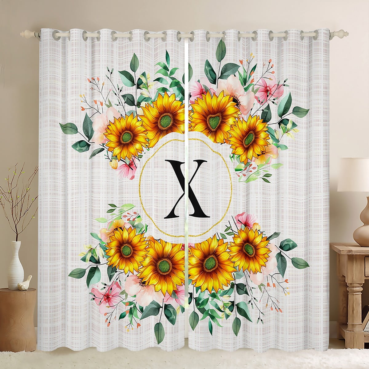 Erosebridal Monogrammed X Curtains and Drapes (52x84), Rustic Sunflower ...