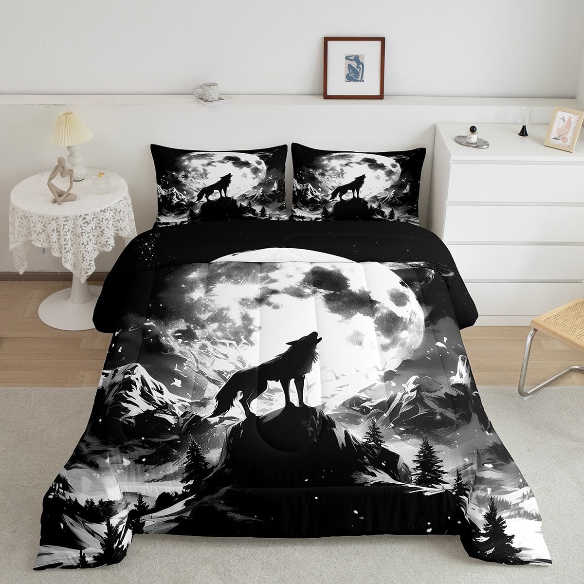 Erosebridal Moon Wolf Comforter Set Queen Size,Black and White Wolf ...