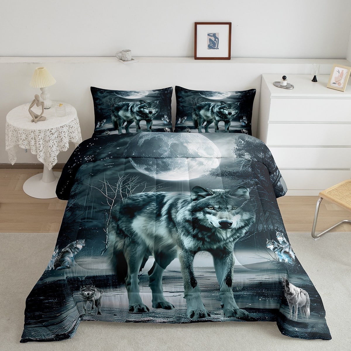 Erosebridal Moon Wolf Queen Comforter Set Woodland Animal Bedding Set ...
