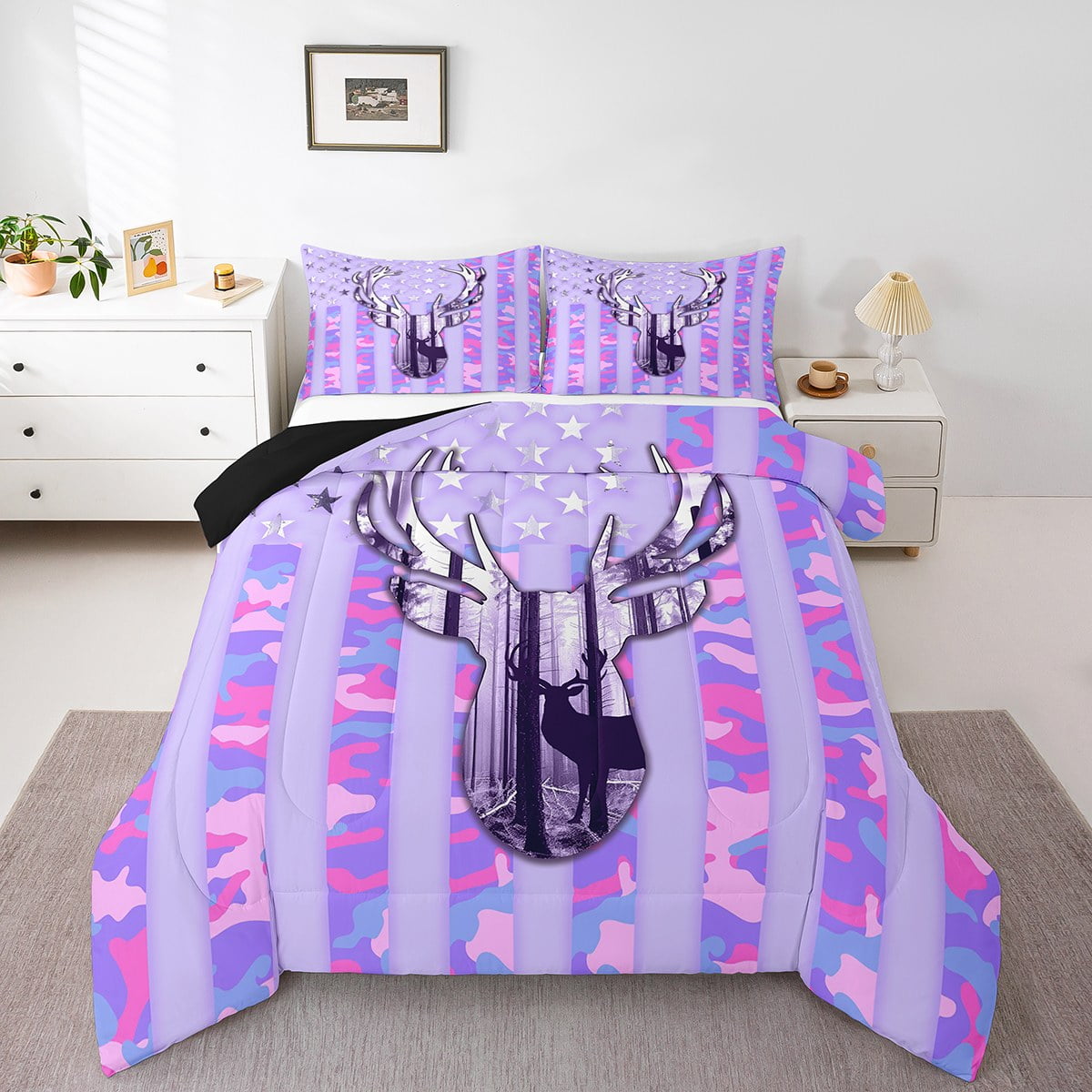 Erosebridal Moose Elk Silhouette Comforter Sets Queen Size, Purple USA ...