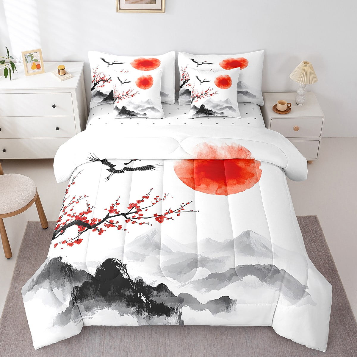 Erosebridal Mount Fuji Bedding Sets Twin Size, Cherry Blossoms ...