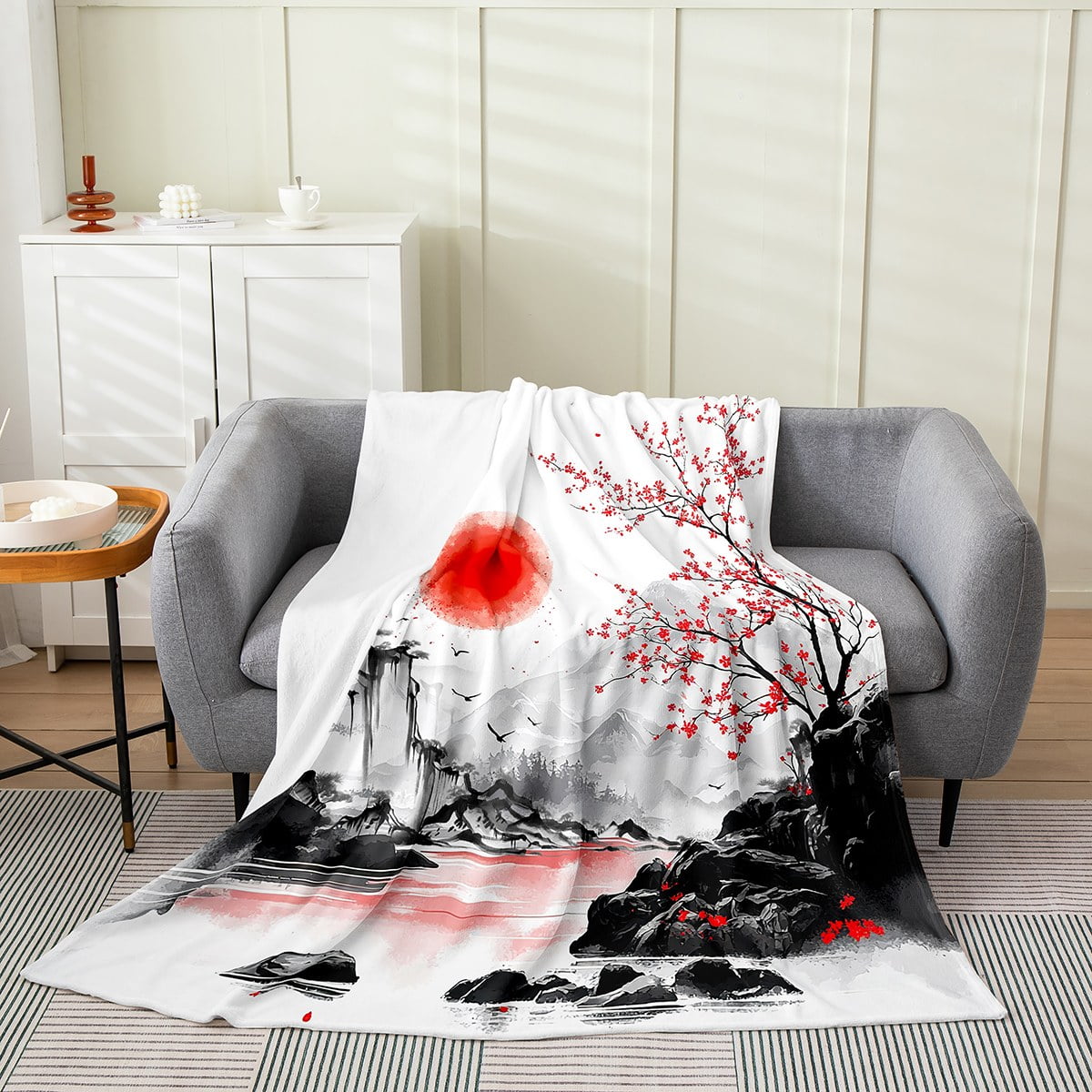 Erosebridal Mount Fuji Throw Blanket for Couch, Cherry Blossoms Plush ...
