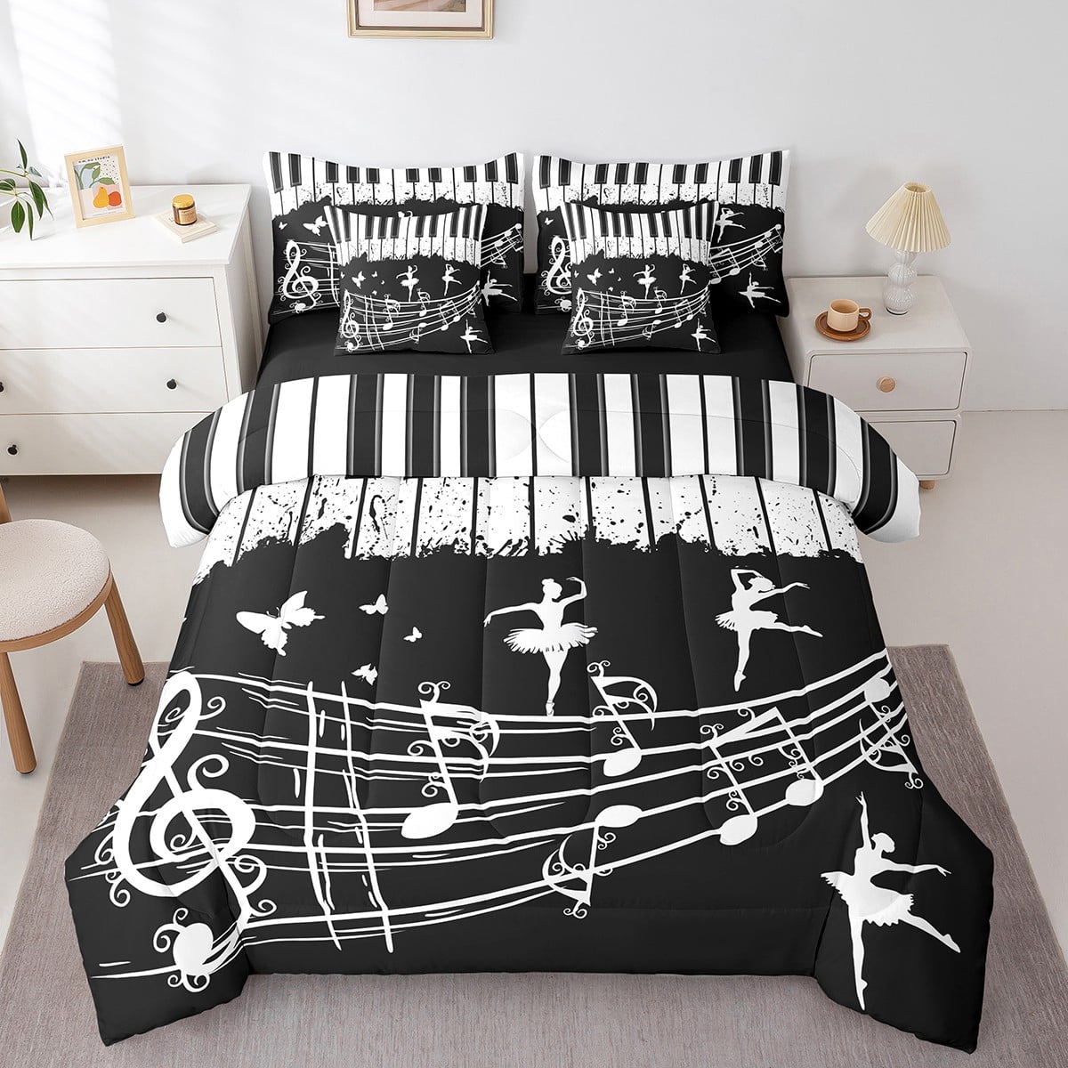Erosebridal Musical Note Bedding Twin Size, Black White Piano Bed Set ...