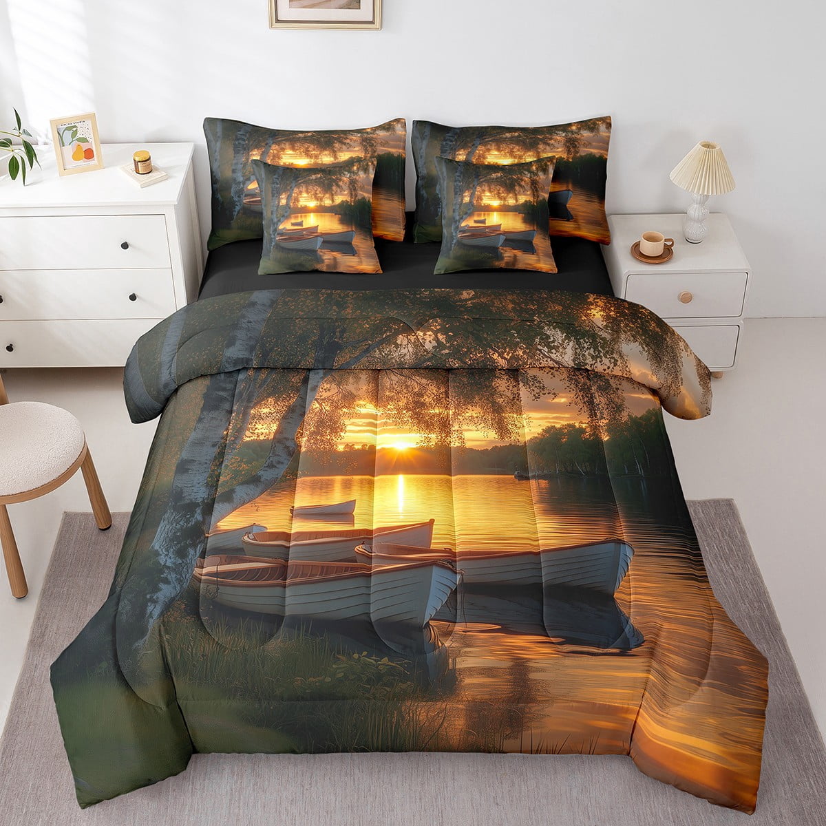 Erosebridal Natural Lake Sunset Bed in a Bag Twin Size, Vintage Lake ...