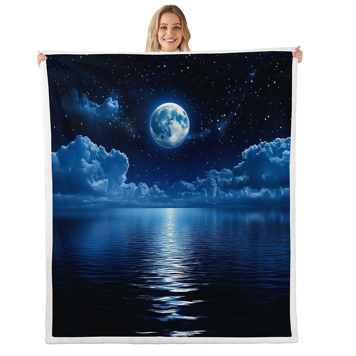 Erosebridal Nature Lake Ocean Sherpa Blanket, Moon Galaxy Fuzzy Blanket ...