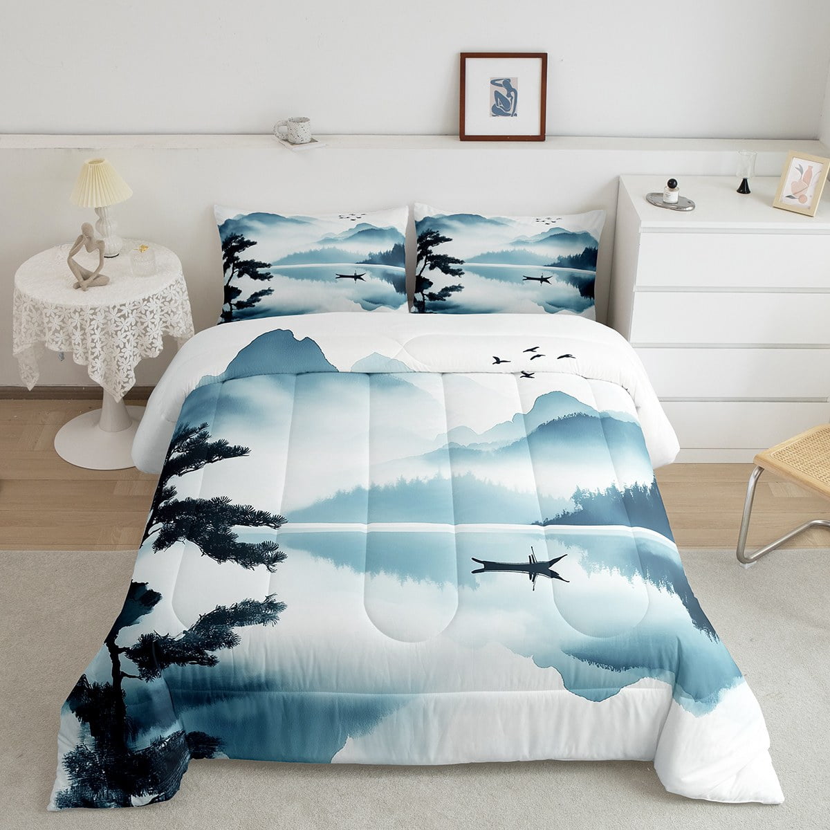 Erosebridal Nature Scenery Bedding Queen Comforter Set, Rustic Lake ...