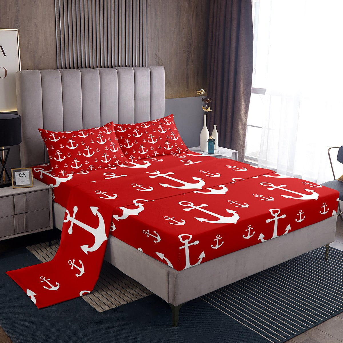 Erosebridal Nautical Anchor Bed Sheets Set Queen Size,Ocean Sea Bedding ...