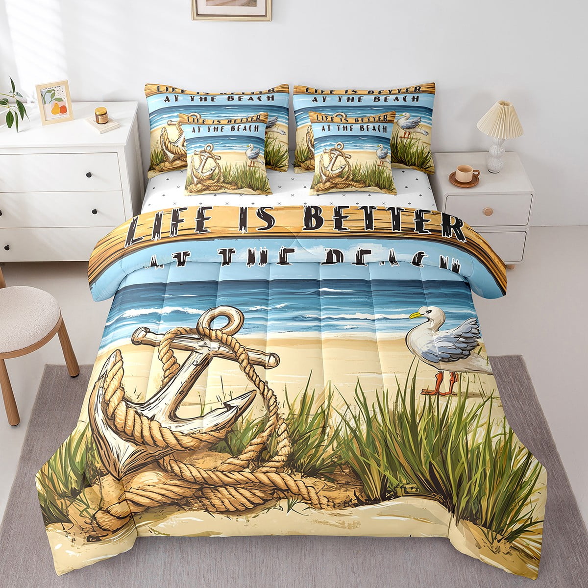 Erosebridal Nautical Anchor Bed in a Bag King size,Summer Beach Seagull Bedding King Size,Yellow ...