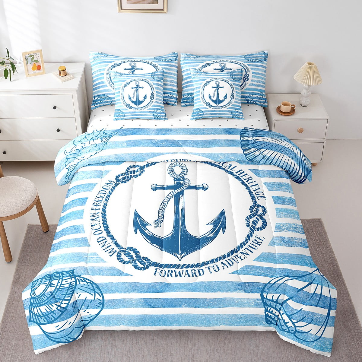 Erosebridal Nautical Anchor Bed in a Bag Twin size, Blue Stripe Bed Set, Ocean Theme Decor, 7pcs ...