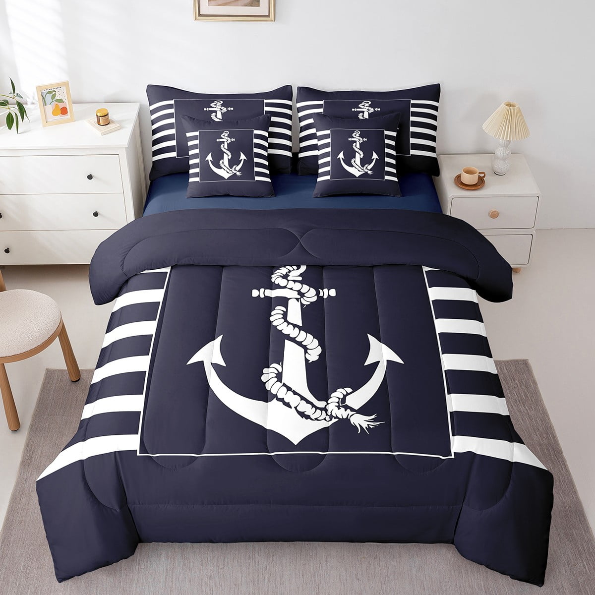 Erosebridal Nautical Anchor Bed in a Bag Twin size, Geometry Striped Comforter Sets with Sheets ...