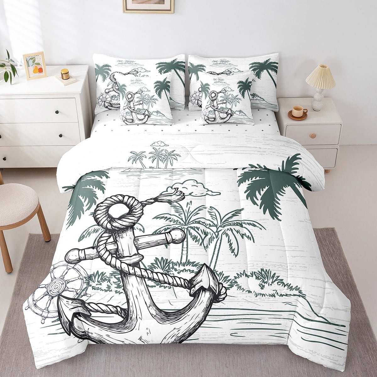 Erosebridal Nautical Anchor Bedding Full Size, Coconut Palm Bed Set ...