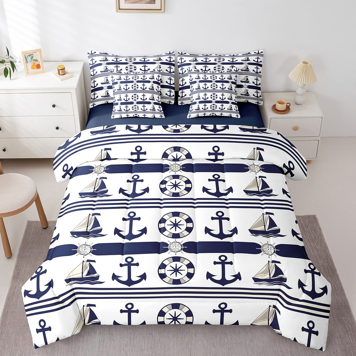 Erosebridal Nautical Anchor Bedding Queen Size,Wheel Compass Comforter ...