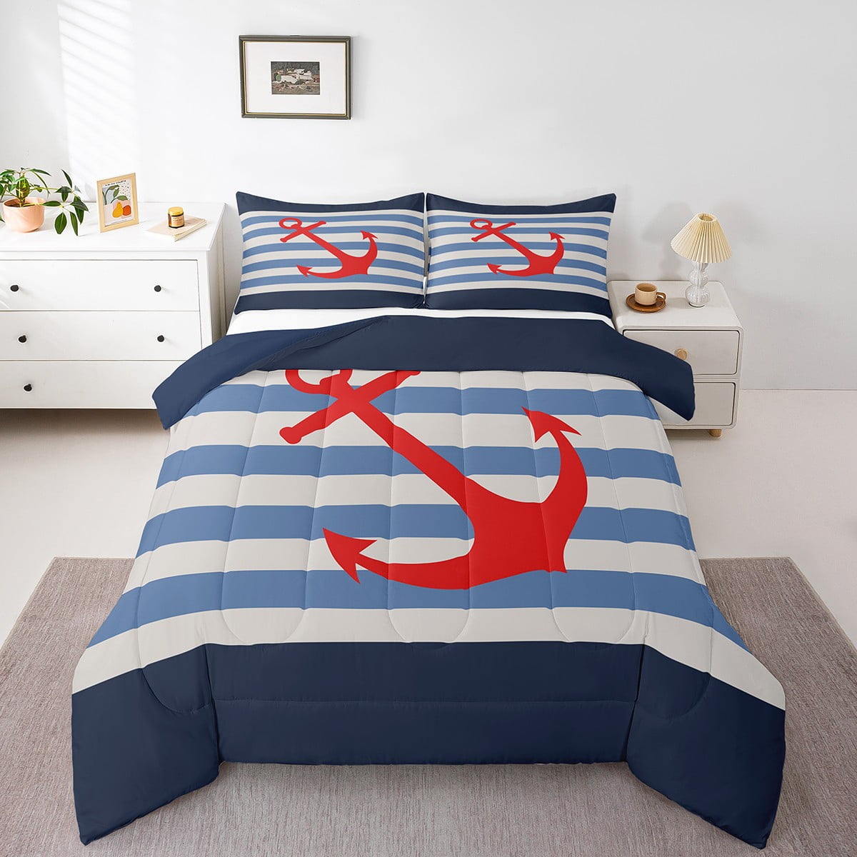 Erosebridal Nautical Anchor Bedding Sets King With Comforter,Blue ...
