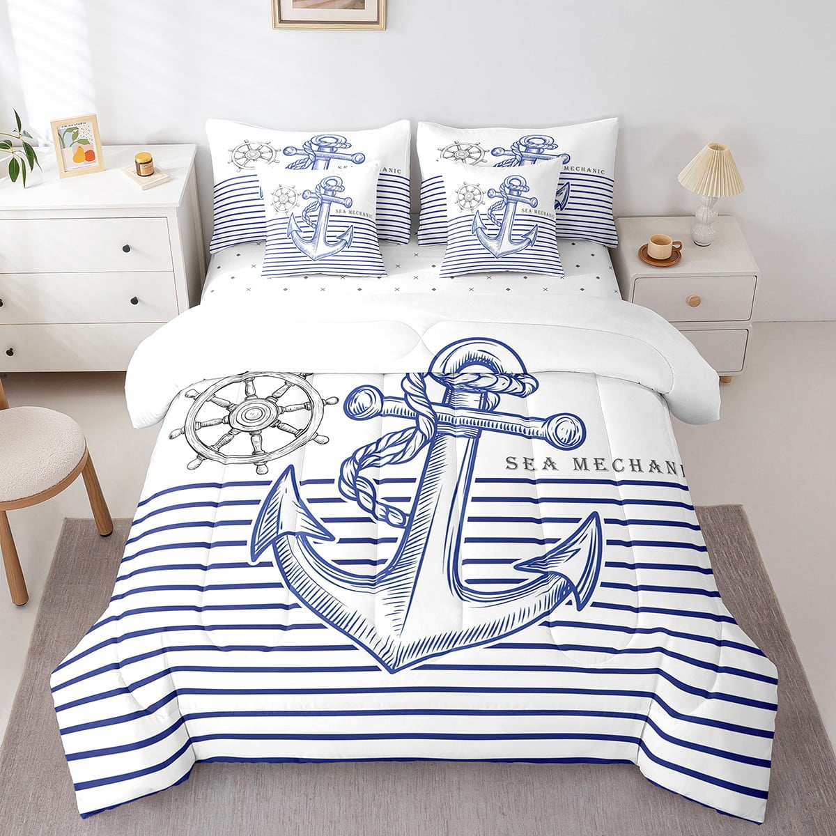 Erosebridal Nautical Anchor Bedding Sets Twin Size,Geometric Stripes ...