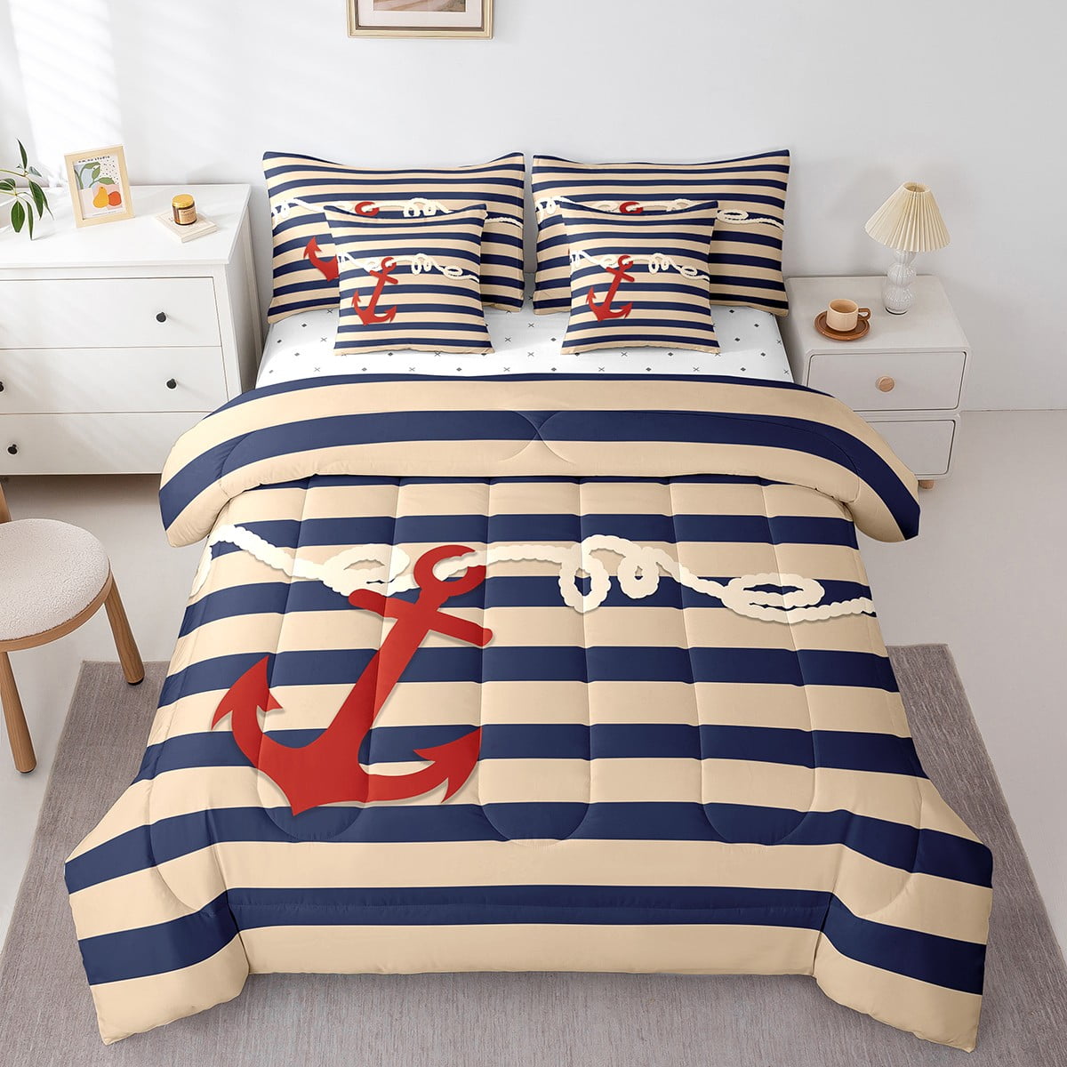 Erosebridal Nautical Anchor Bedding Sets Twin Size, Geometry Stripes ...