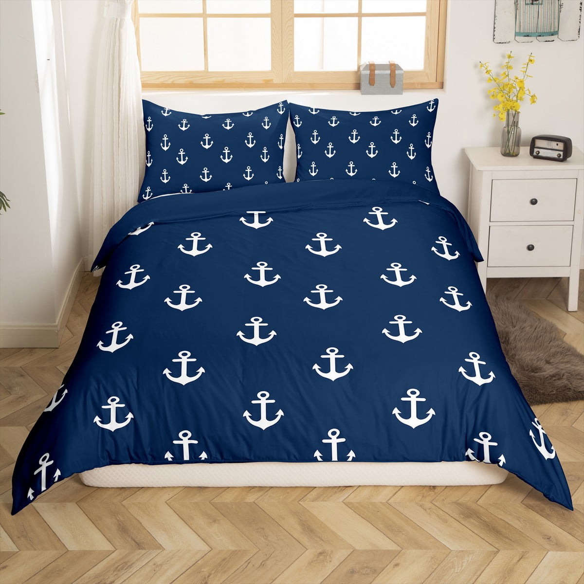 Erosebridal Nautical Anchor Comforter Cover Twin,Blue White Bedding ...