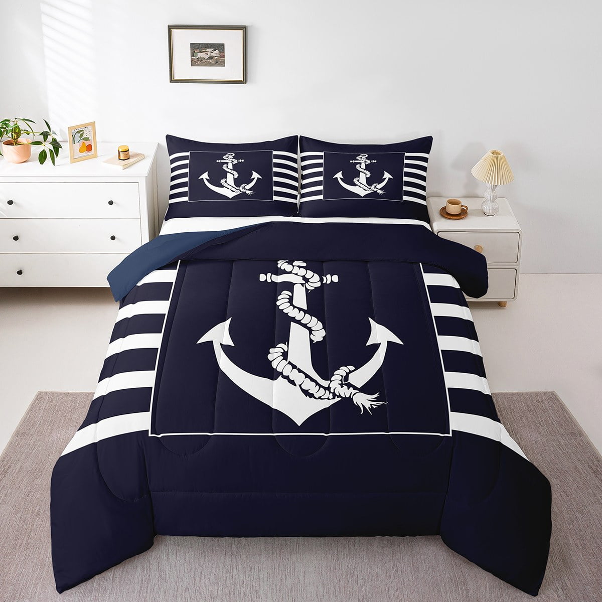 Erosebridal Nautical Anchor Comforter Sets Queen Size, Geometry Striped ...