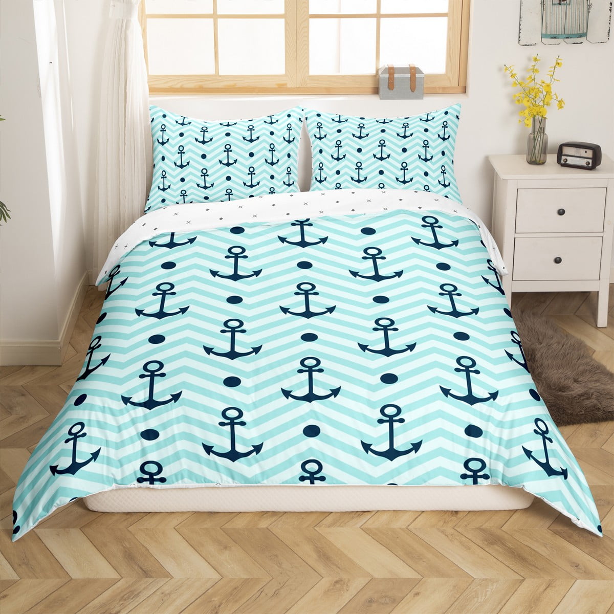 Erosebridal Nautical Anchor Print Comforter Cover Twin, Blue Geometric ...