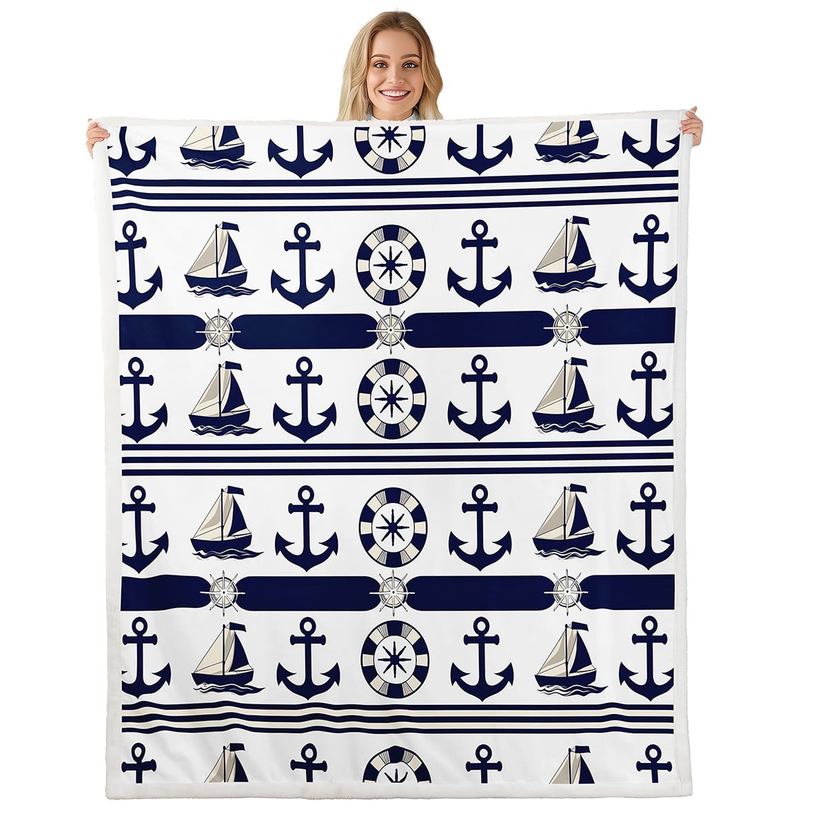 Erosebridal Nautical Anchor Sherpa Blanket 50x60,Wheel Compass Fuzzy ...