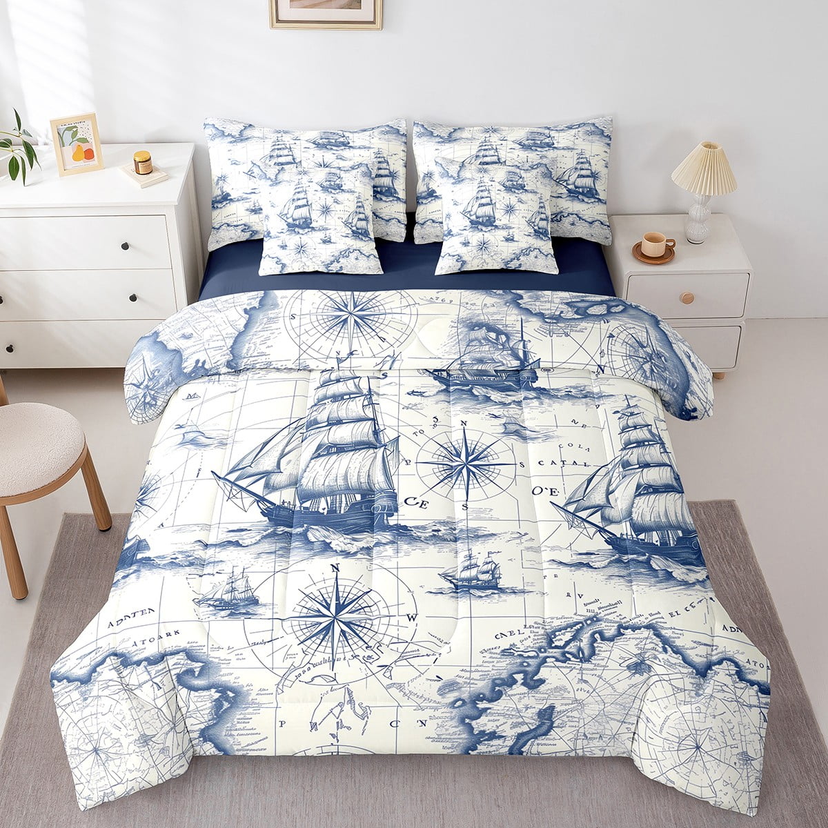 Erosebridal Nautical Compass Bedding Queen Size,Anchor Sailing Boat ...