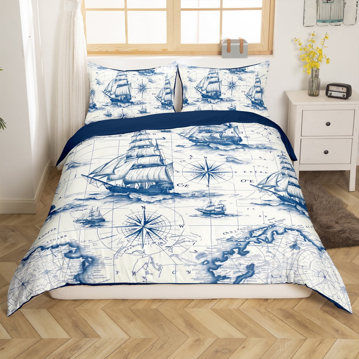 Erosebridal Nautical Compass Comforter Cover Queen,Anchor Sailing Boat ...