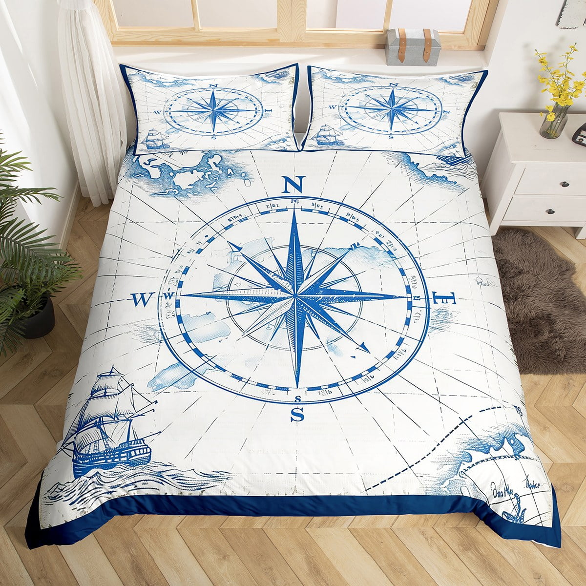 Erosebridal Nautical Compass Comforter Cover King,Ocean Adventure Theme ...