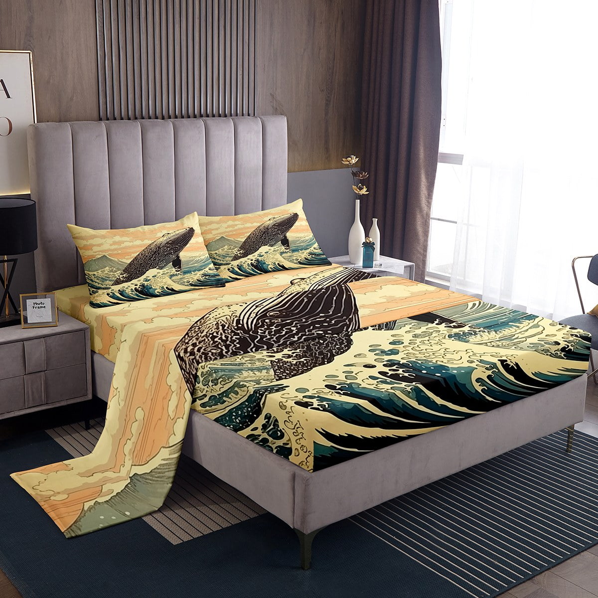 Erosebridal Nautical Whale Bed Sheets Set Twin Size,Vintage Blue Ocean ...