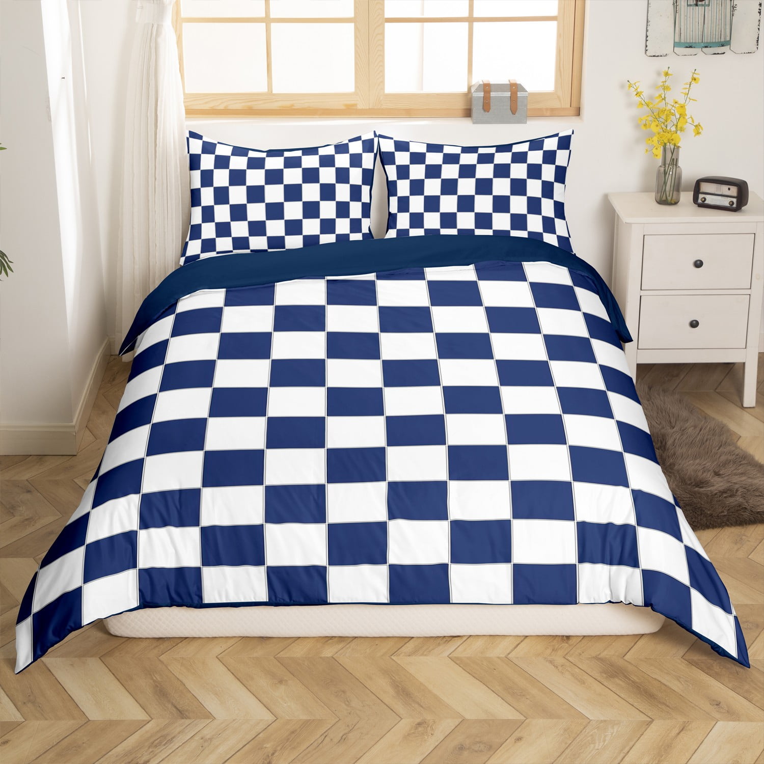Erosebridal Navy Checkered Bedding Set White Dark Blue Buffalo Plaid ...
