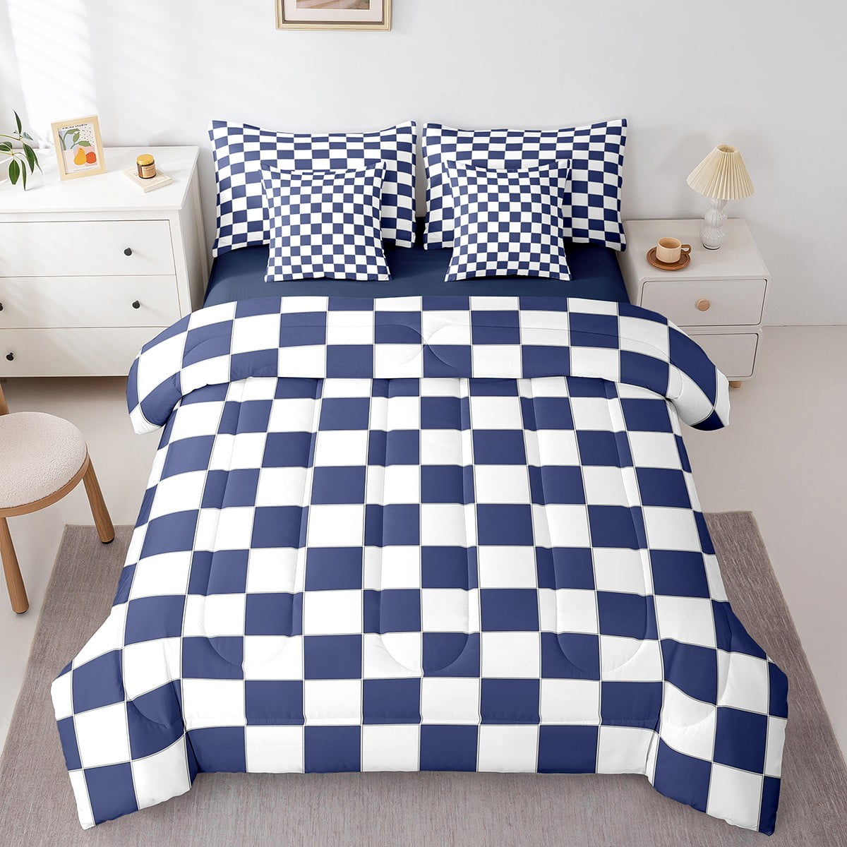 Erosebridal Navy Checkered Full Bedding Set 7 Piece White Dark Blue ...