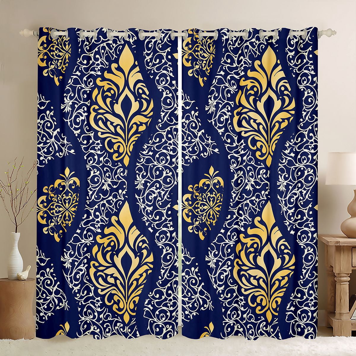 Erosebridal Navy Gold Paisley Blackout Curtains Set of 2 (52x84 Each ...