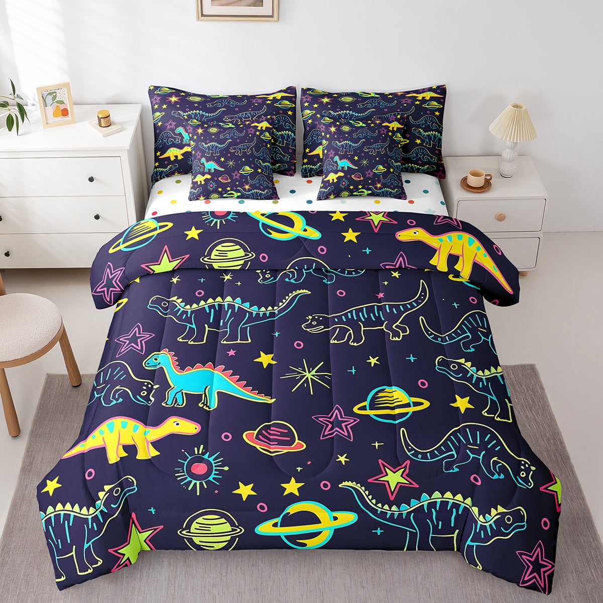 Erosebridal Neon Dinosaur Bedding Sets Queen Size, Outer Space ...