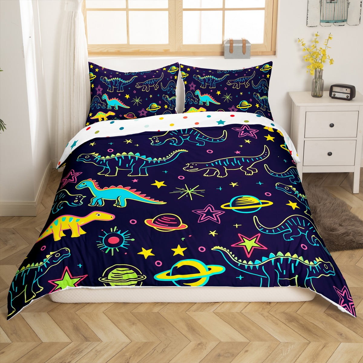 Erosebridal Neon Dinosaur Comforter Cover Queen, Outer Space Bedding ...
